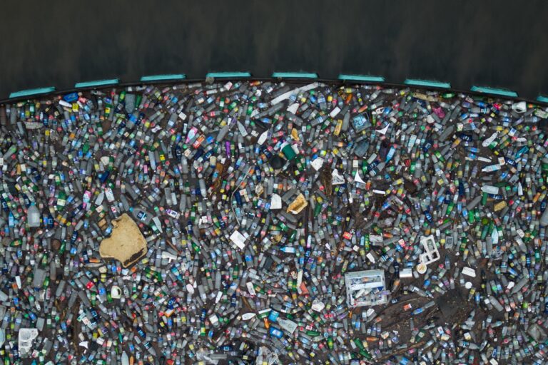 A barrier collects plastic waste at Kingston Harbor in Jamaica. Image courtesy of The Ocean Cleanup.